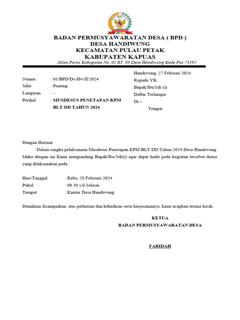 Undangan Musdes KPM BLT DD 2024 | PDF | Ilmu Sosial