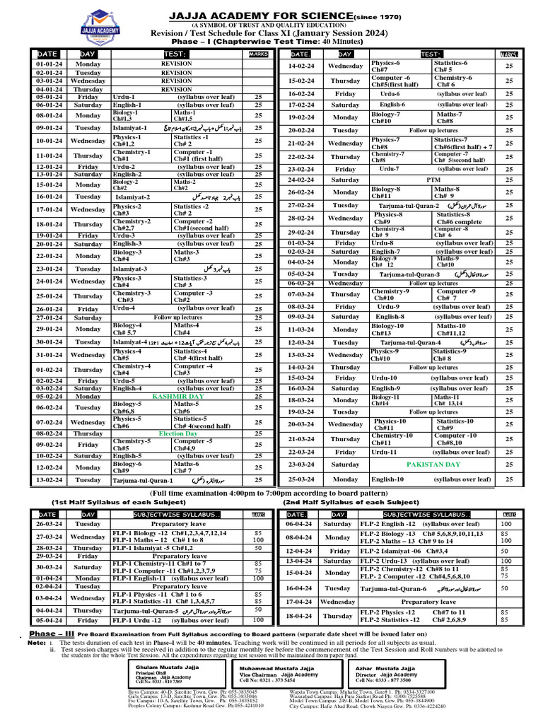 Test Schedule - XI Year January 2024 | PDF