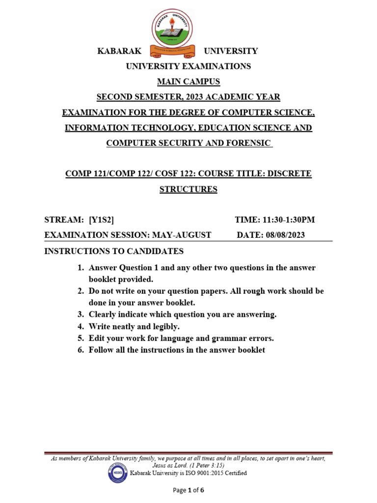 Comp 122 Comp 121 Cosf 122 Discrete Structures Exam | PDF ...