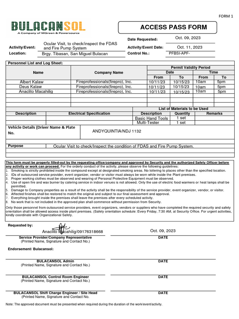 Access Pass Form: Vehicle Details (Driver Name & Plate No | Download ...