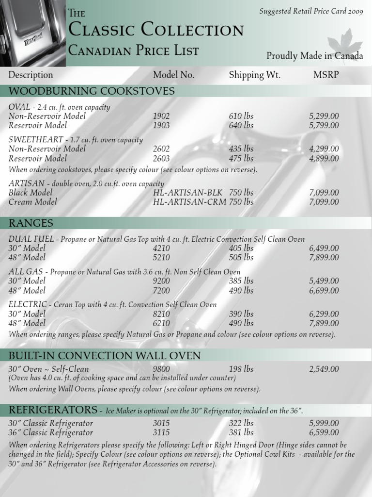 Classic Collection: Canadian Price List | PDF | Refrigerator | Oven