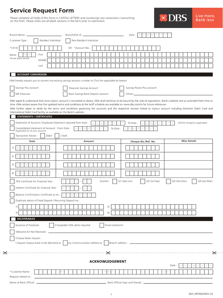 Service-Request-Form DBS Bank | PDF | Cheque | Banks