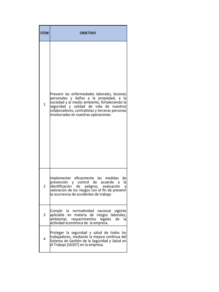 Matriz de Objetivos y Metas | PDF | Valores | Seguridad y salud ocupacional