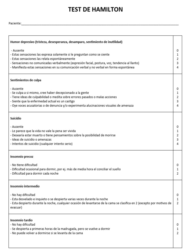 Test de Hamilton Consulta | Descargar gratis PDF | Depresión (estado de ...