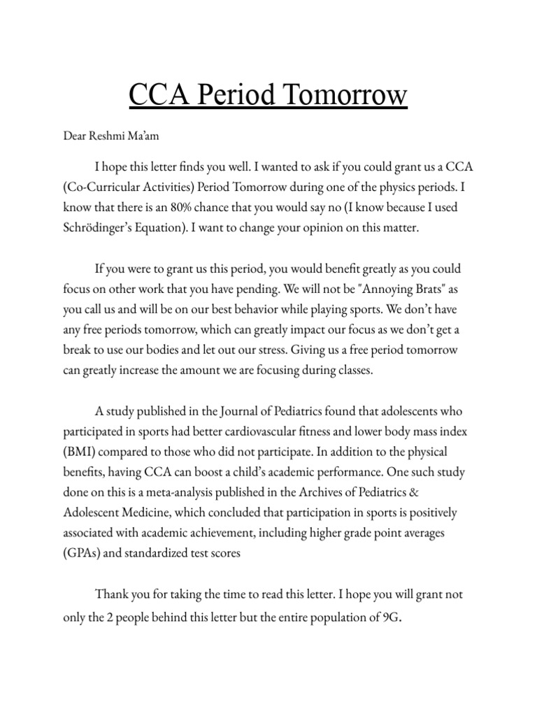 Request for CCA Period Tomorrow | PDF