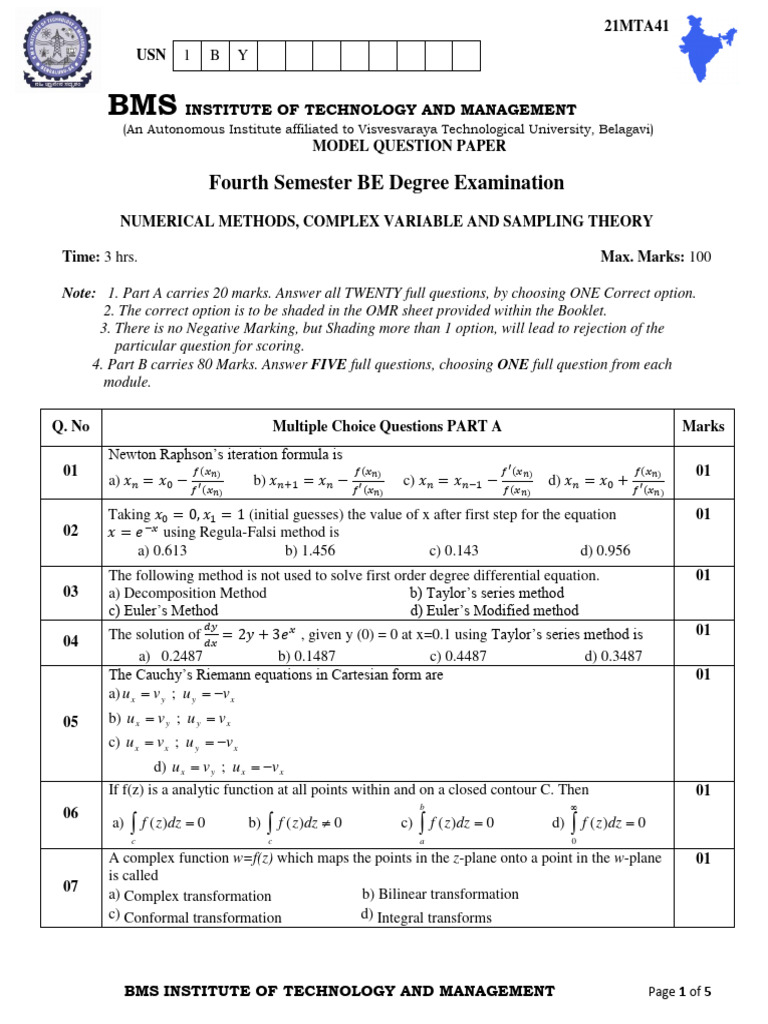 21MTA41 - Model Question Paper | PDF | Equations | Partial Differential ...