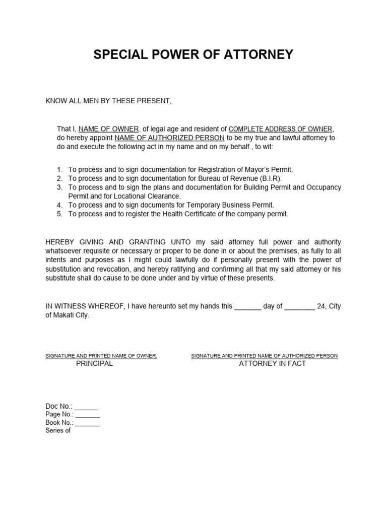 Special Power of Attorney Template | PDF