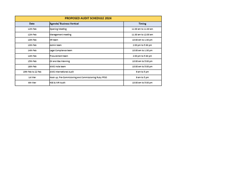 2024 Audit Schedule for Teams | PDF