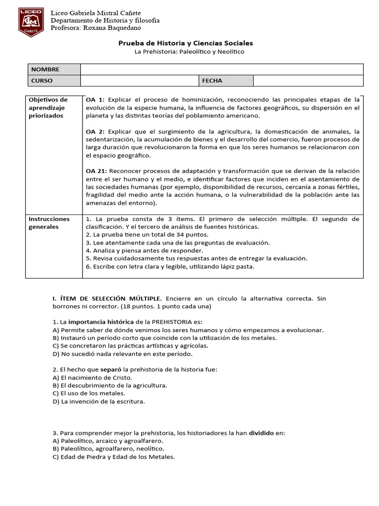 7° Prueba La Prehistoria | PDF | Homo | Humano