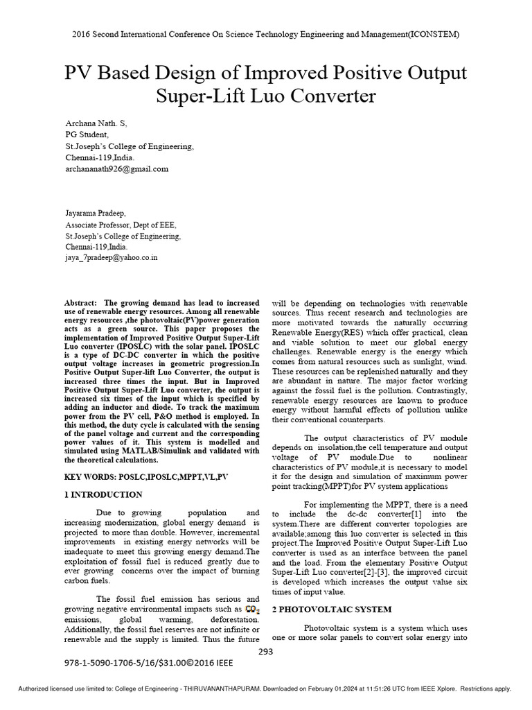PV Based Design of Improved Positive Output Super-Lift Luo Converter ... PV Based Design of Improved Positive Output Super-Lift Luo Converter ...