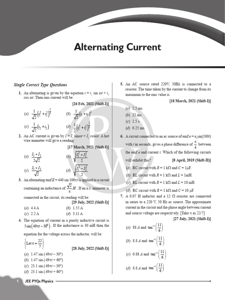 Alternating Current - PYQ Practice Sheet | PDF | Inductor | Electrical Network