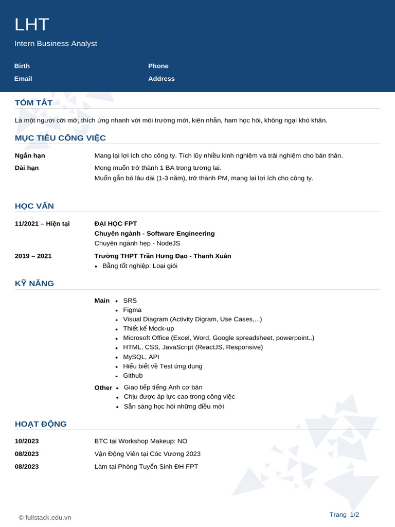 CV LHT Intern Business Analyst | PDF