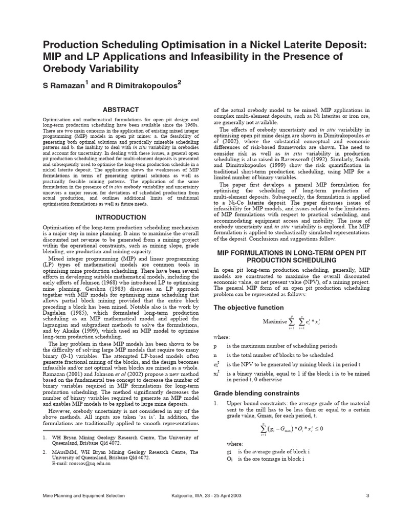 Production Scheduling Optimisation in A Nickel Laterite Deposit: MIP and LP Applications and ...
