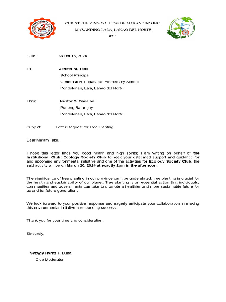 Tree Planting Request Letter | PDF | Wellness
