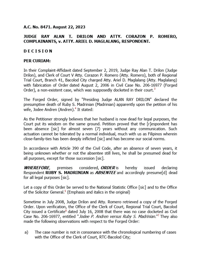 Judge Drilon and Atty Romero Vs Atty Maglalang | PDF | Lawyer | Disbarment