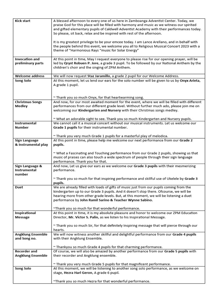 Emcee script Musical concert | PDF