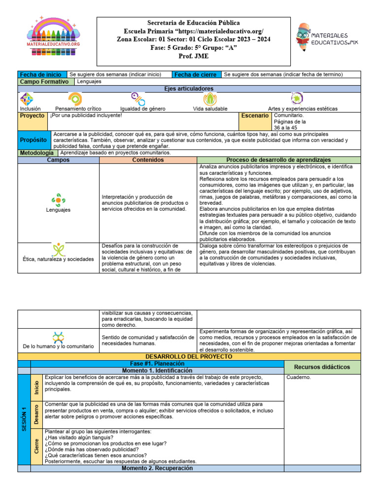 Planeacion Del 5to Grado 06 Por Una Publicidad Incluyente 2023-2024 | PDF | Publicidad ...