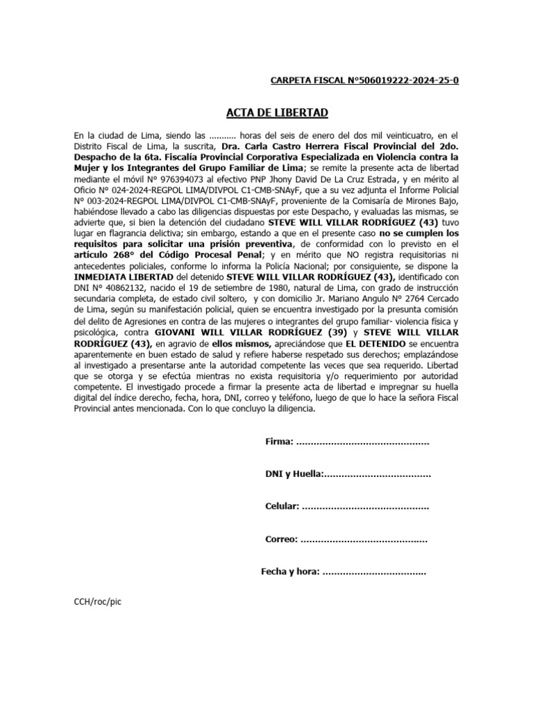 ACTA DE LIBERTAD #25-2024 Agresiones Mutuas STEVE | PDF | Fiscal | Policía