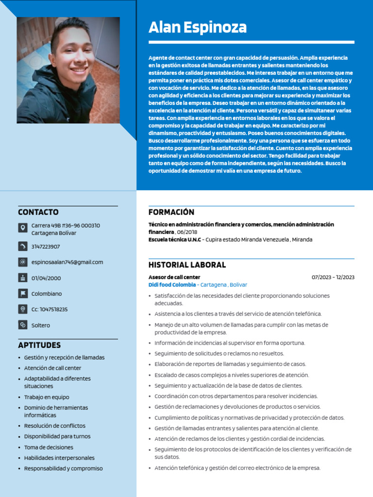Alan - Espinoza - CV | PDF | Presupuesto | Centro de llamadas
