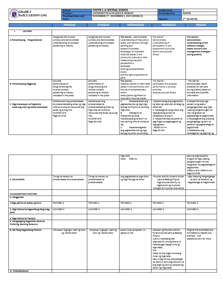 DLL - Mapeh 5 - Q1 - W4 | PDF | Differentiated Instruction | Psychological Schools