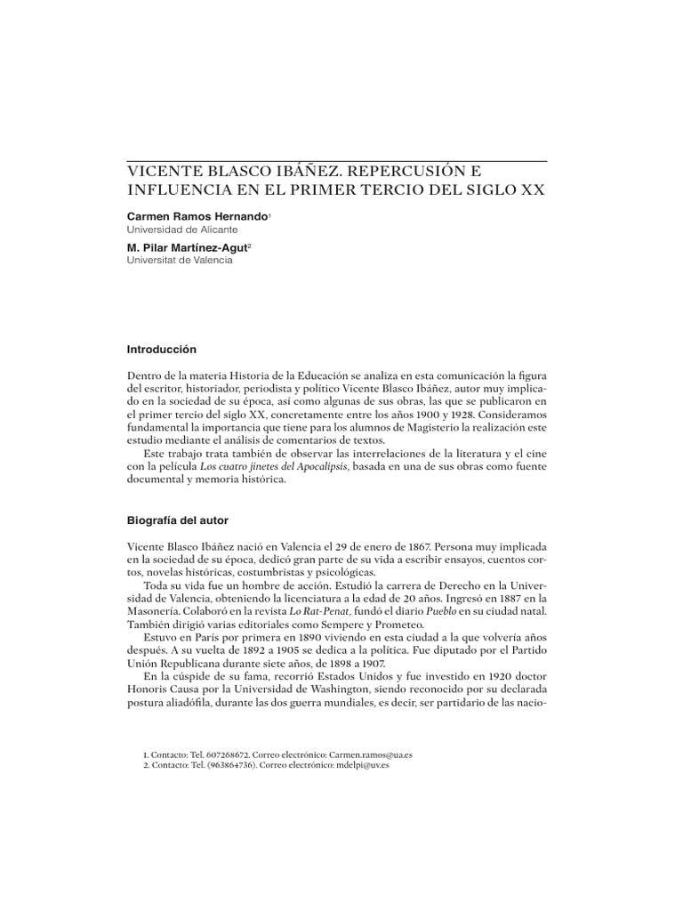 Vicente Blasco Ibáñez. Repercusión E Influencia en El Primer Tercio Del ...