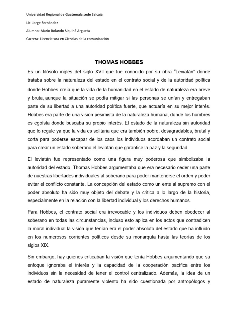 Thomas Hobbes Ensayo | PDF | Contrato social | Thomas Hobbes