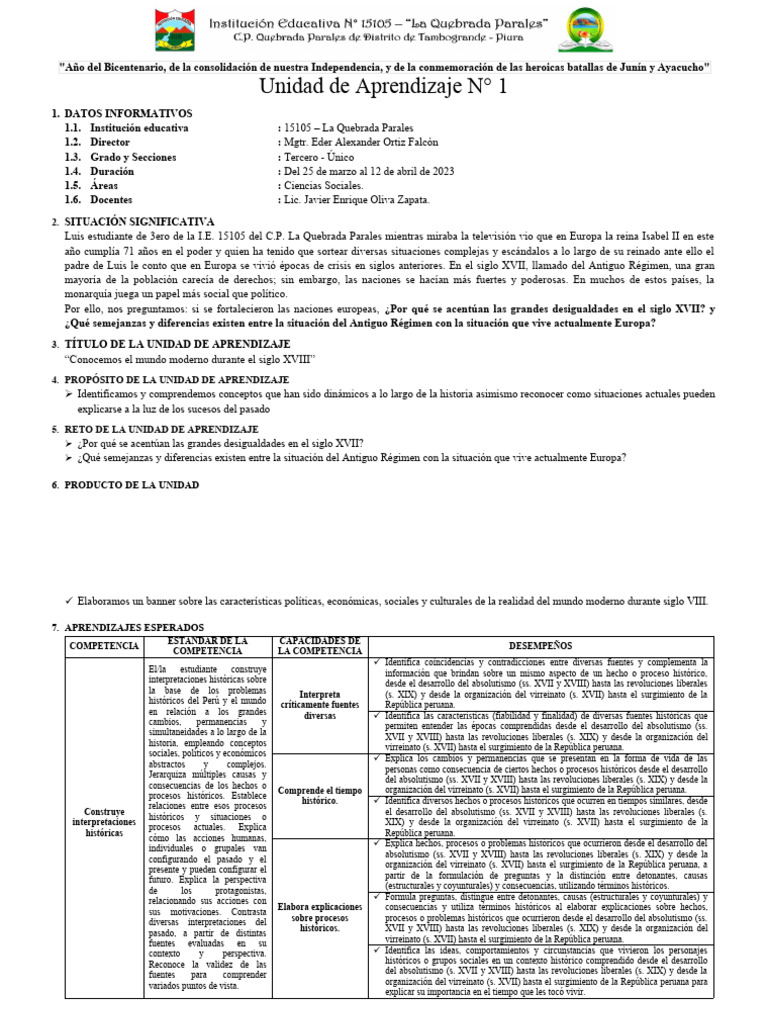 Unidad de Aprendizaje #1 - Tercero | Descargar gratis PDF | Evaluación | Aprendizaje