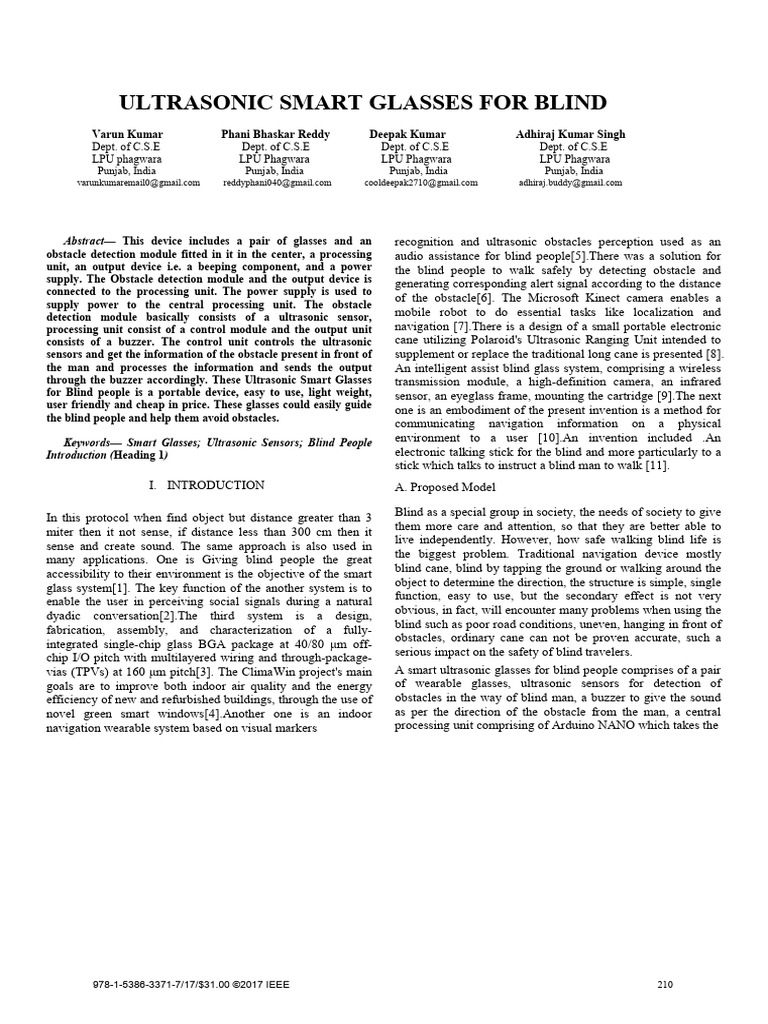 Ultrasonic Smart Glasses For Blind | PDF | Ultrasound | Sensor