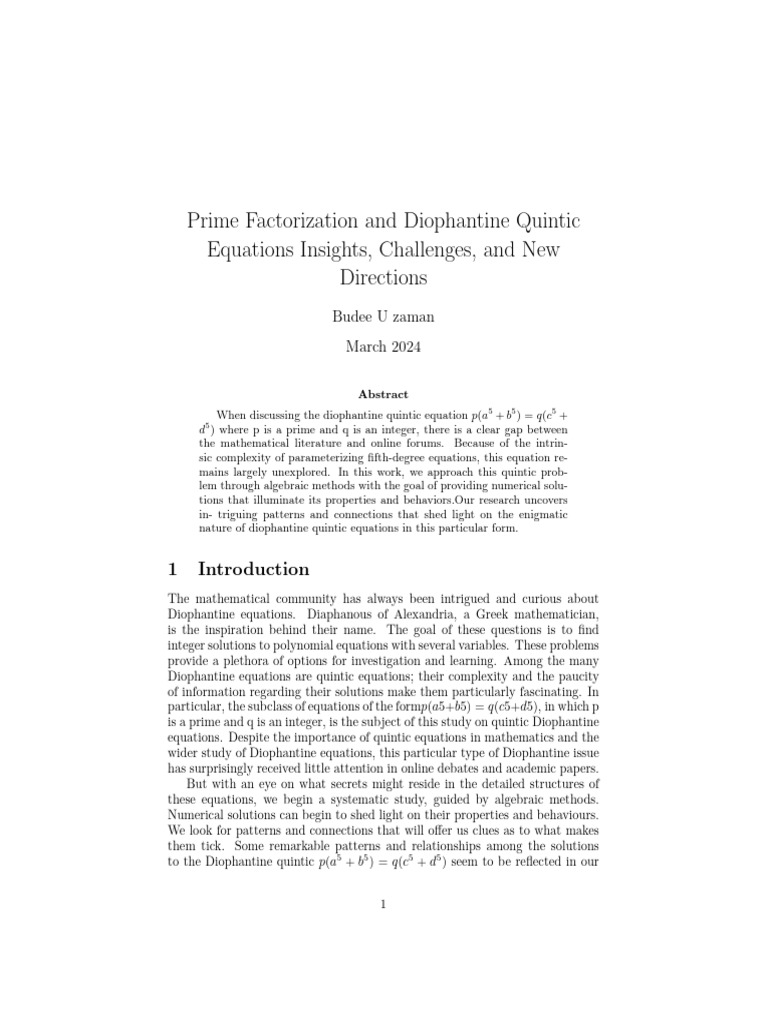 Prime Factorization and Diophantine Quintic Equations Insights Challenges and New Directions ...