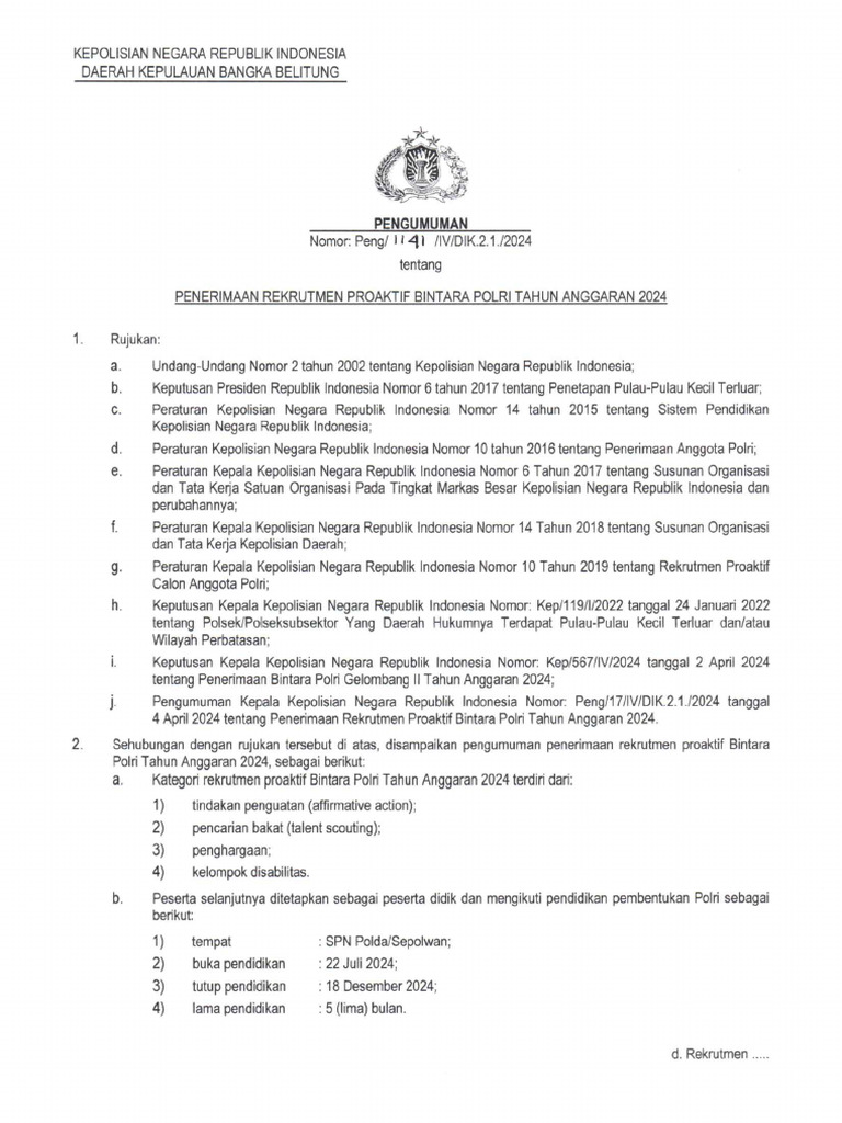 Pengumuman Penerimaan Rekpro Bintara Polri T.A. 2024 | PDF