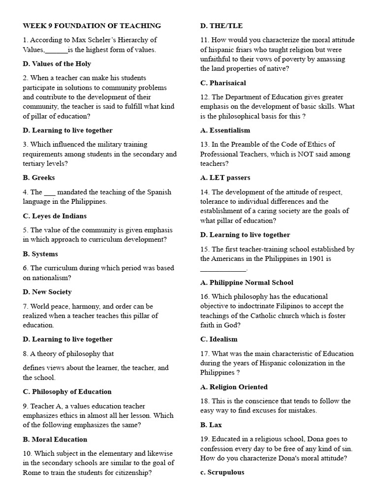 Week 9 Reviewer | PDF | Philosophy Of Education | Teachers