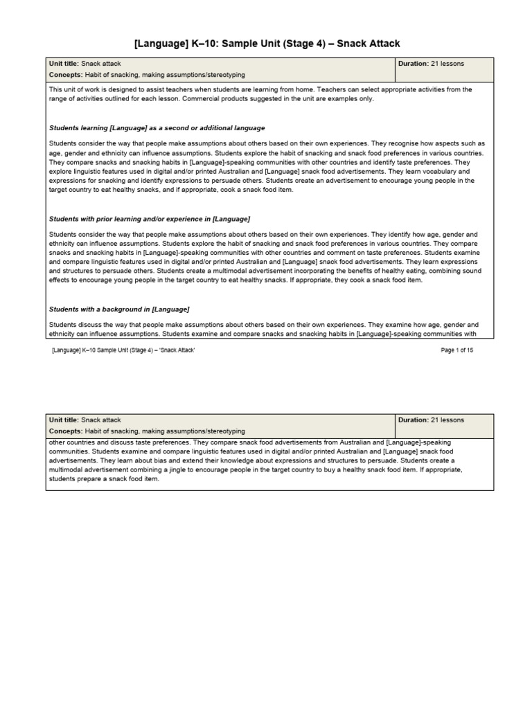 (Language) K-10 (Stage 4) Sample Unit Snack Attack | PDF | Learning ...