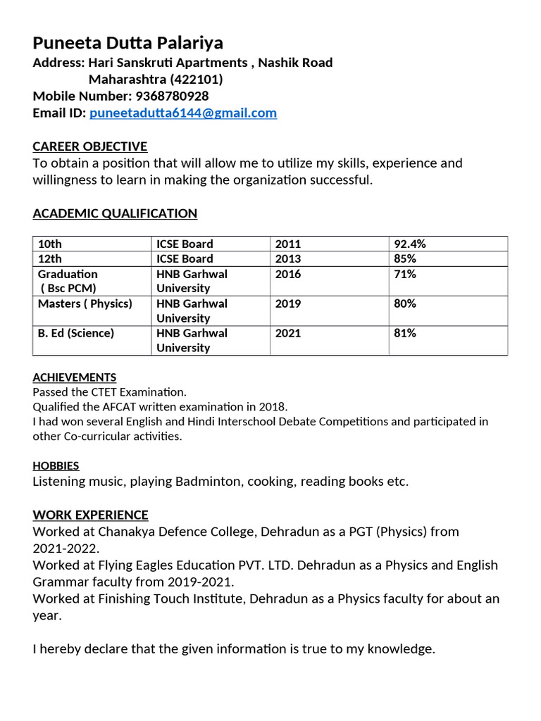 Puneeta Duta Paaariya Resume Summary | PDF