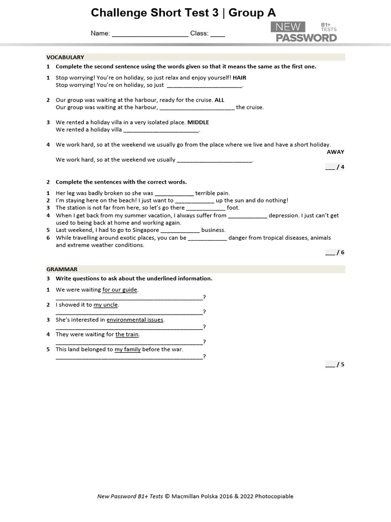 Challenge Short Test 3: Vocabulary & Grammar | PDF