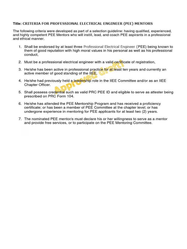 GUIDELINES For The Criteria of Selection For PEE MENTOR - Draft - 13.03 ...