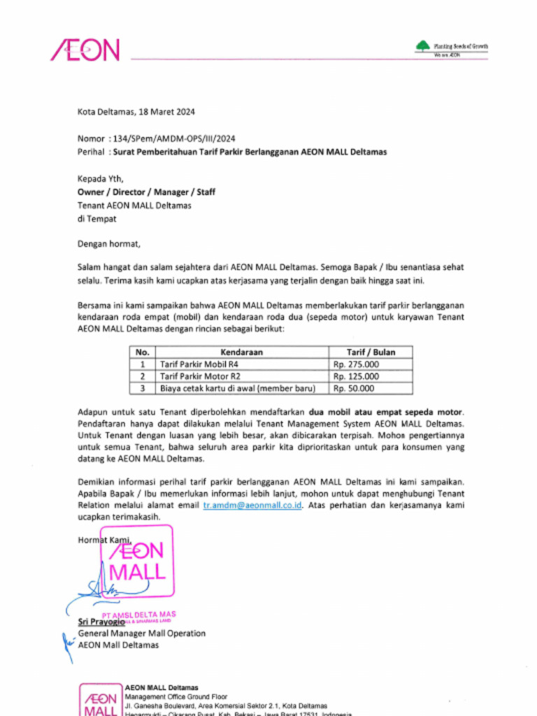 Surat Pemberitahuan Tarif Parkir Berlangganan AEON MALL Deltamas | PDF