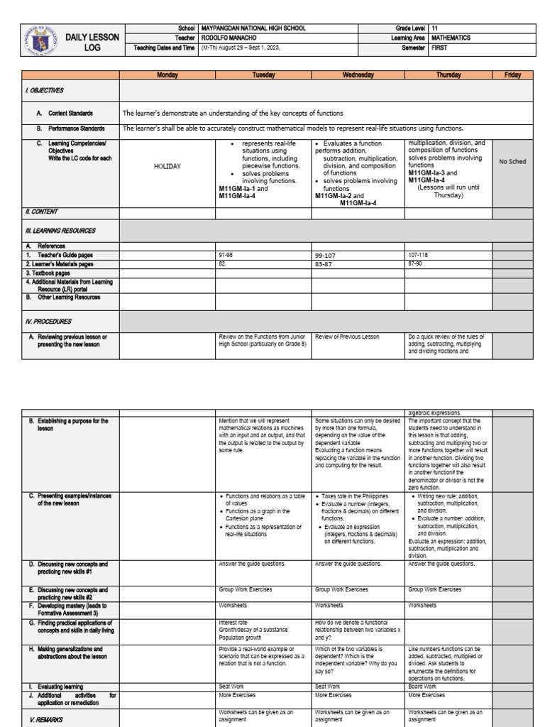 DLL Gen Math Week 1 | PDF | Division (Mathematics) | Function (Mathematics)