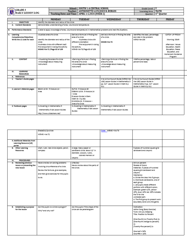 Grade 5 DLL MATH 5 Q4 Week 1 | PDF | Area | Circle