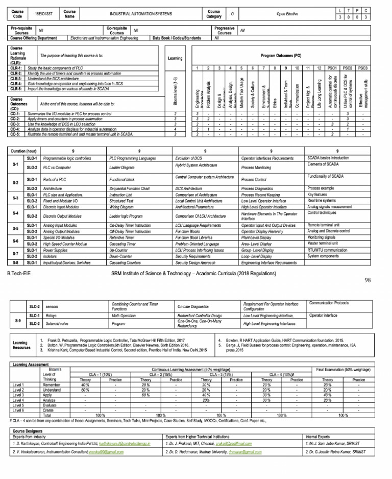SRM Industrial Automation Systems Syllabus | PDF