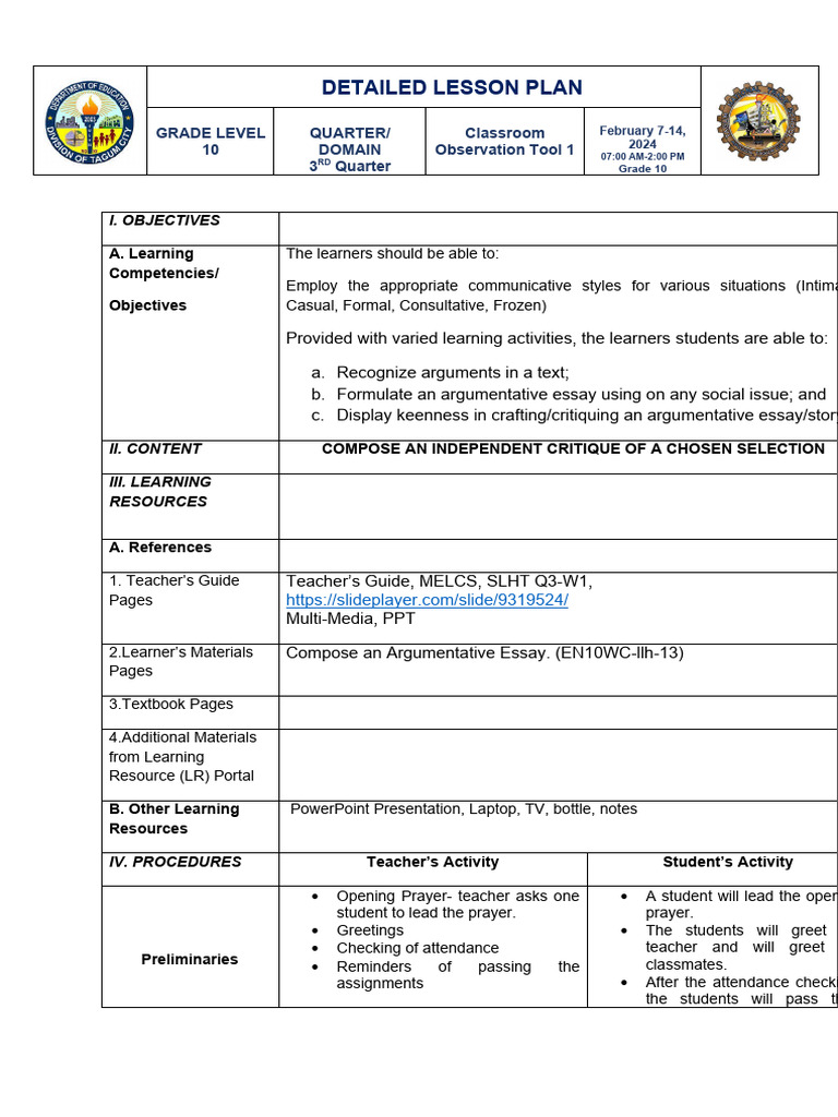 M1 Composing An Argumentative Essay | PDF | Lesson Plan | Learning