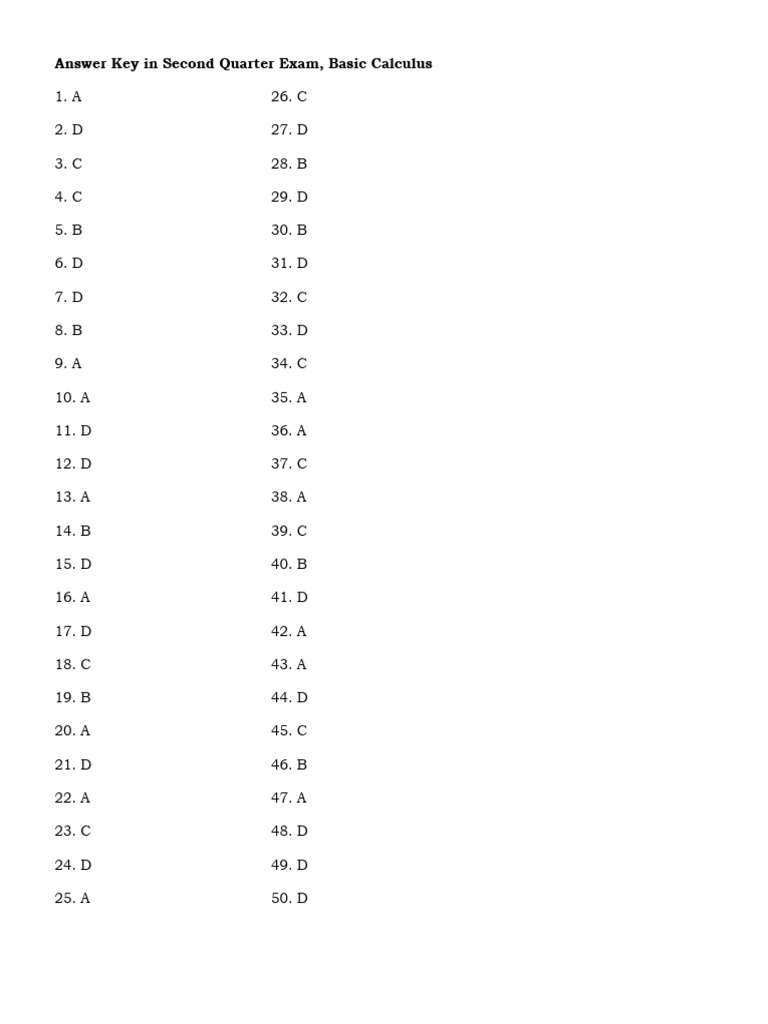 SecondQ - Answer Key in Basic Calculus | PDF | Integral | Interval ...