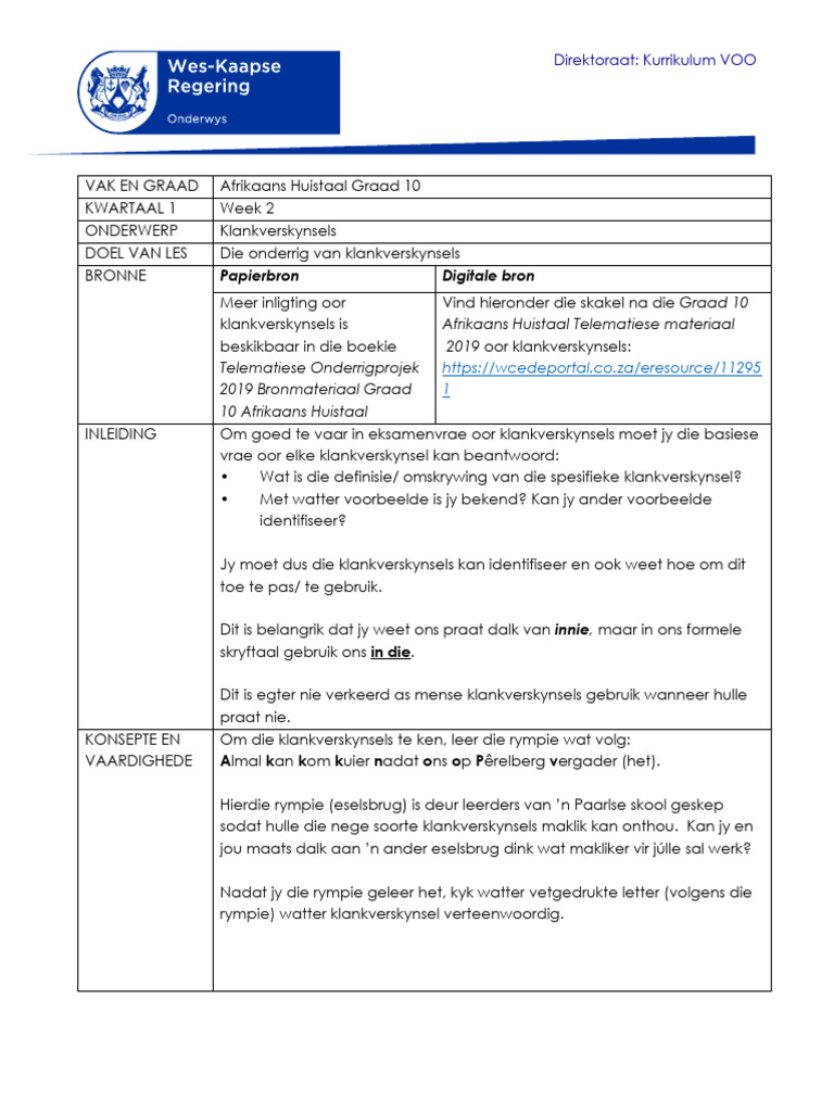 Afrikaans HT Graad 10 Kwartaal 1 Week 2_2021 | PDF
