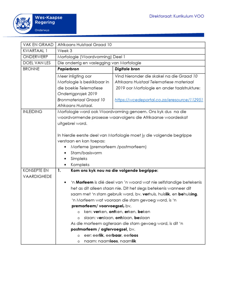 Afrikaans HT Graad 10 Kwartaal 1 Week 3 - 2021 | PDF