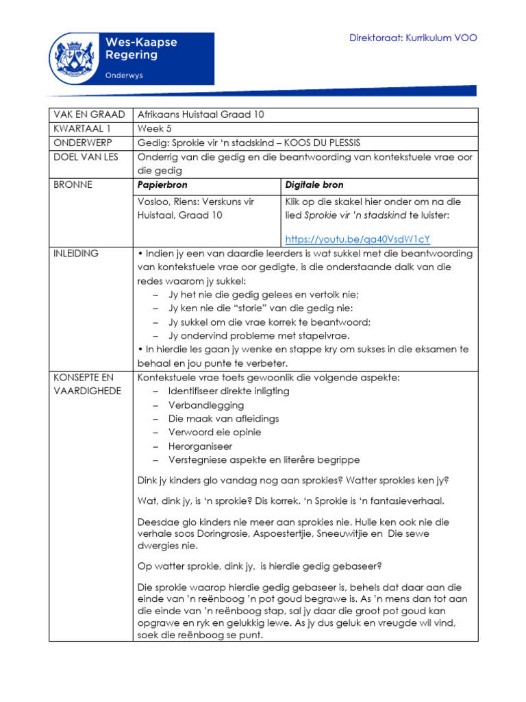 Afrikaans HT Graad 10 Kwartaal 1 Week 5 - 2021 | PDF