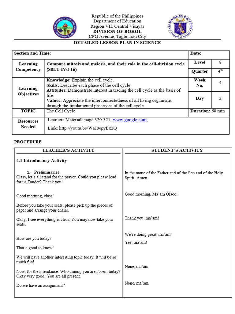 DETAILED LESSON PLAN IN SCIENCE 8 (Day 2) | PDF | Mitosis | Cell Cycle
