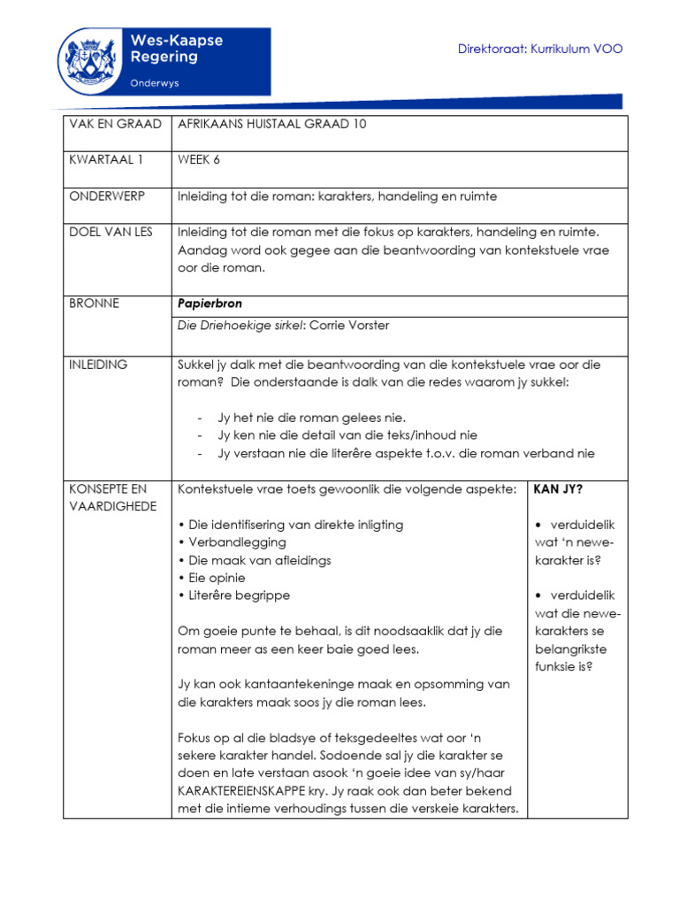 Afrikaans HT Graad 10 Kwartaal 1 Week 6 - 2021 | PDF