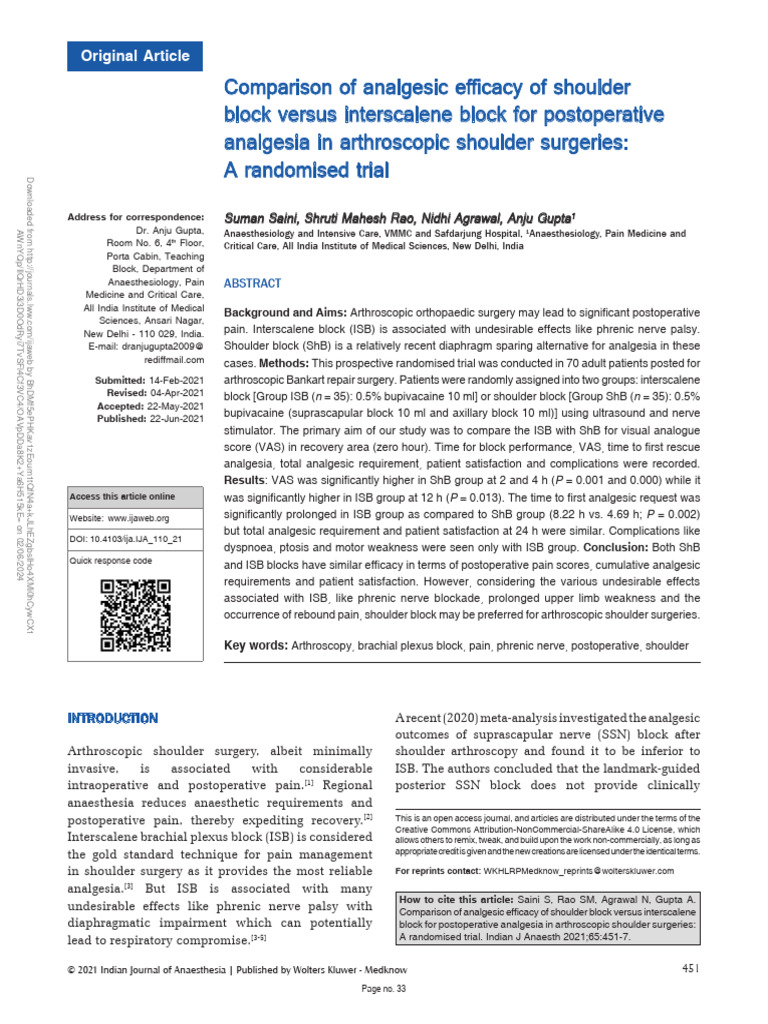 Comparison of Analgesic Efficacy of Shoulder Block.5 | PDF | Anesthesia ...