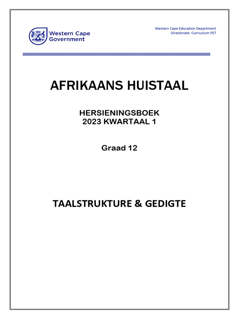 Graad 12 Afrikaans HT HERSIENINGSBOEK KW 1 - 2023 | PDF