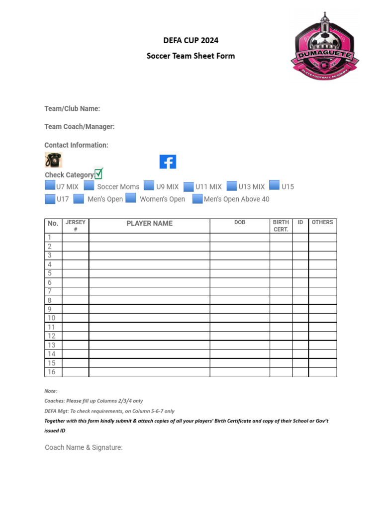 DEFA Cup Team Form | PDF | Sports | Football Codes