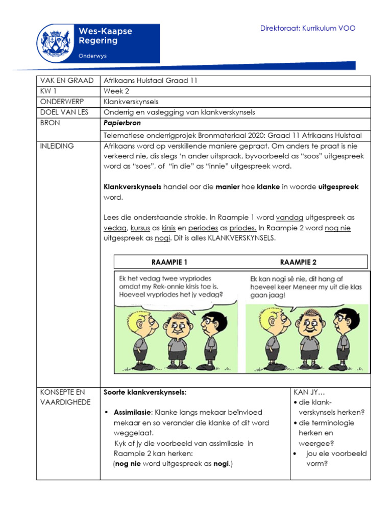 Afrikaans HT Graad 11 Kwartaal 1 Week 2 - 2021 | PDF